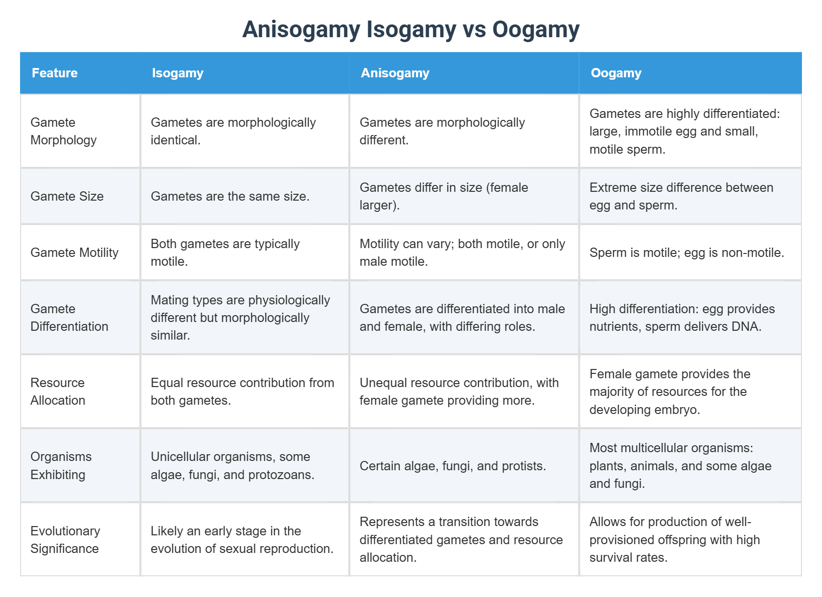 Anisogamy Isogamy vs Oogamy