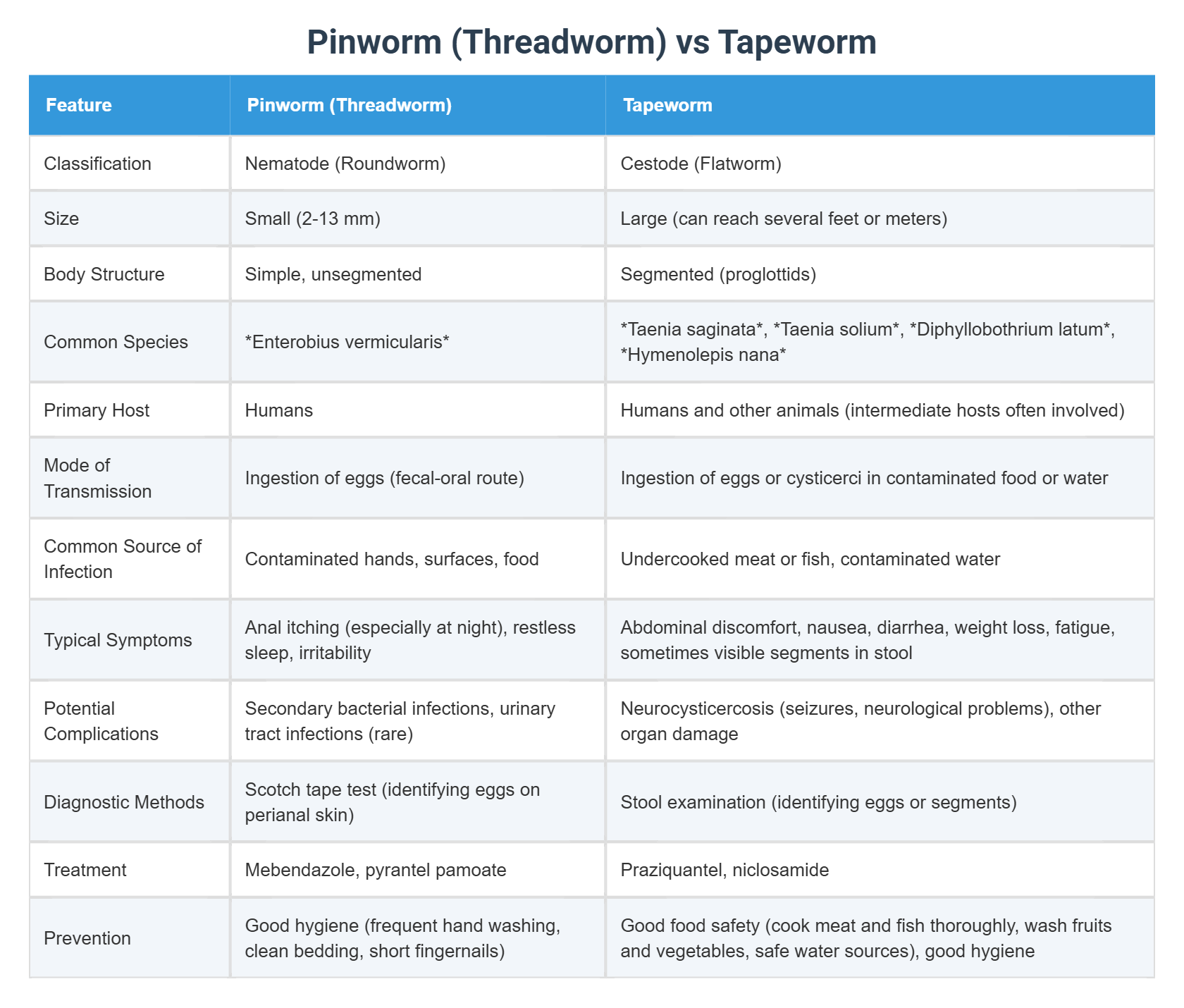 Pinworm (Threadworm) vs Tapeworm