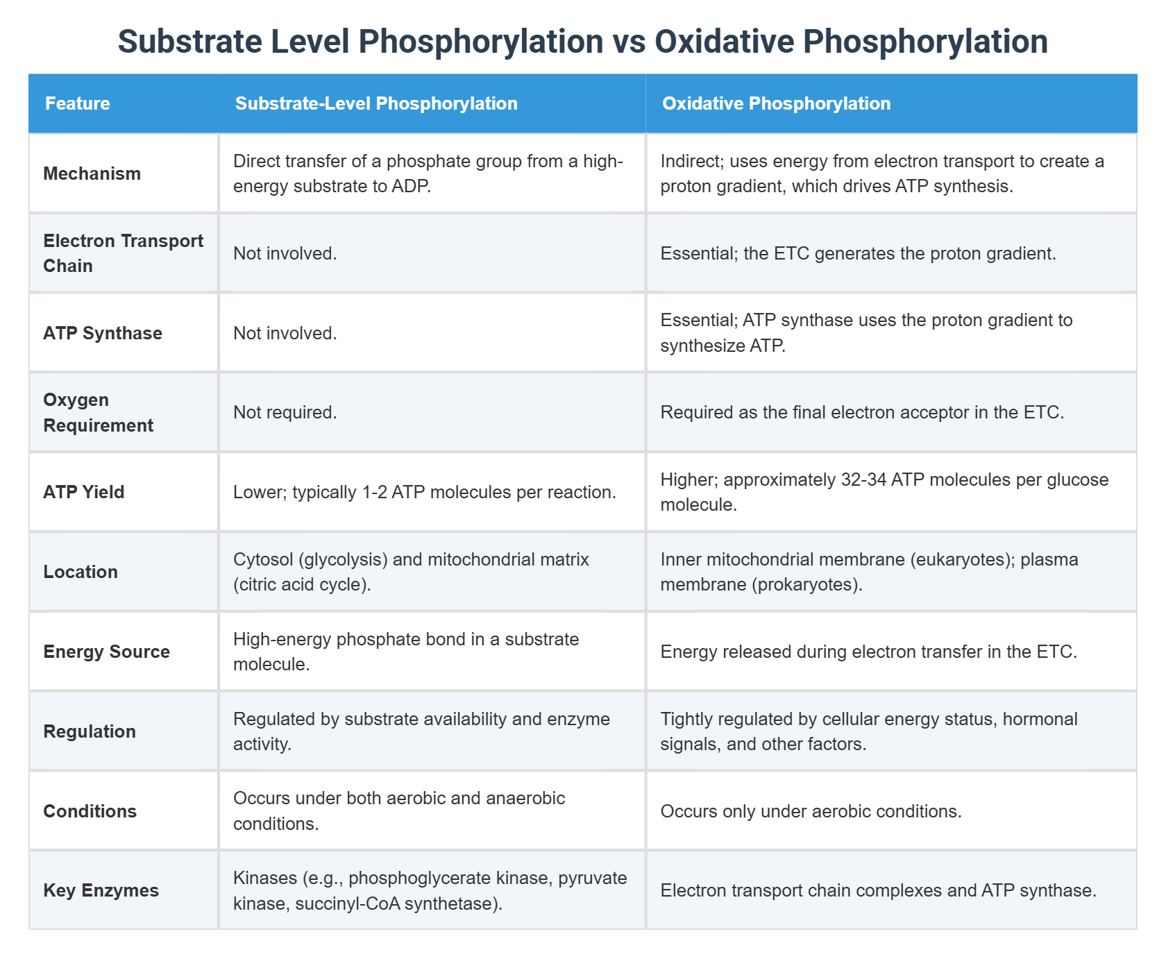 Substrate Level Phosphorylation vs Oxidative Phosphorylation