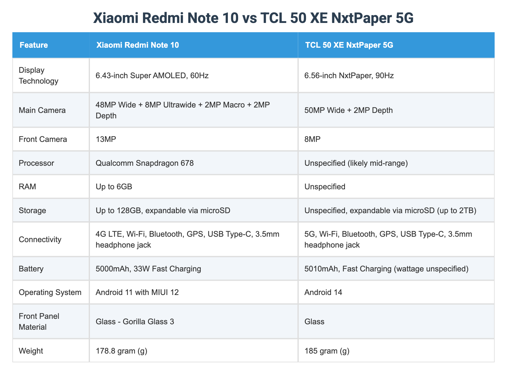 Xiaomi Redmi Note 10 vs TCL 50 XE NxtPaper 5G